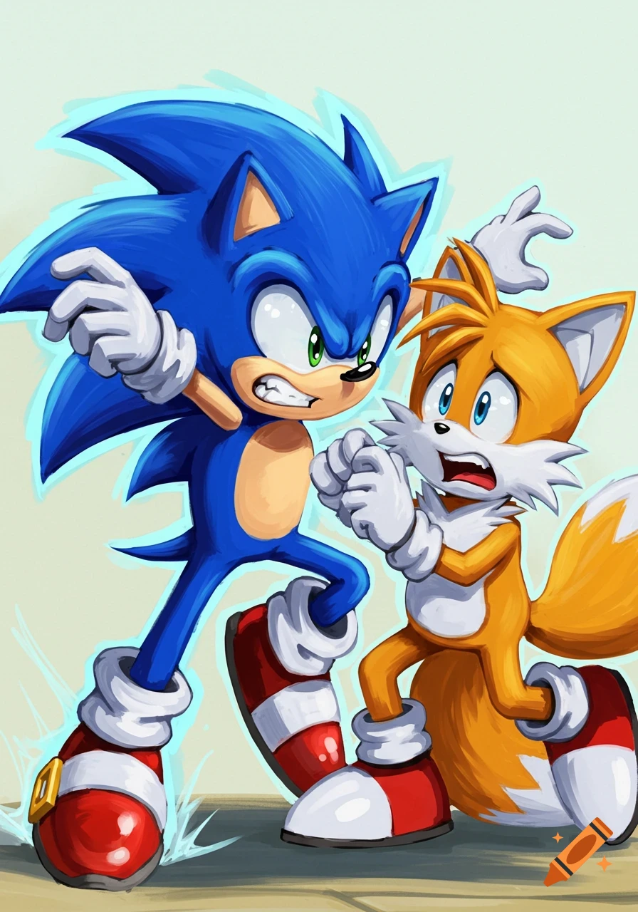Sonic looking angry while Tails looks scared, cartoon style. on Craiyon