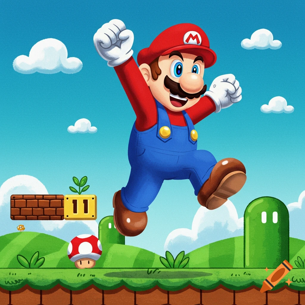 Illustration of Mario jumping over a mushroom in a classic video game ...