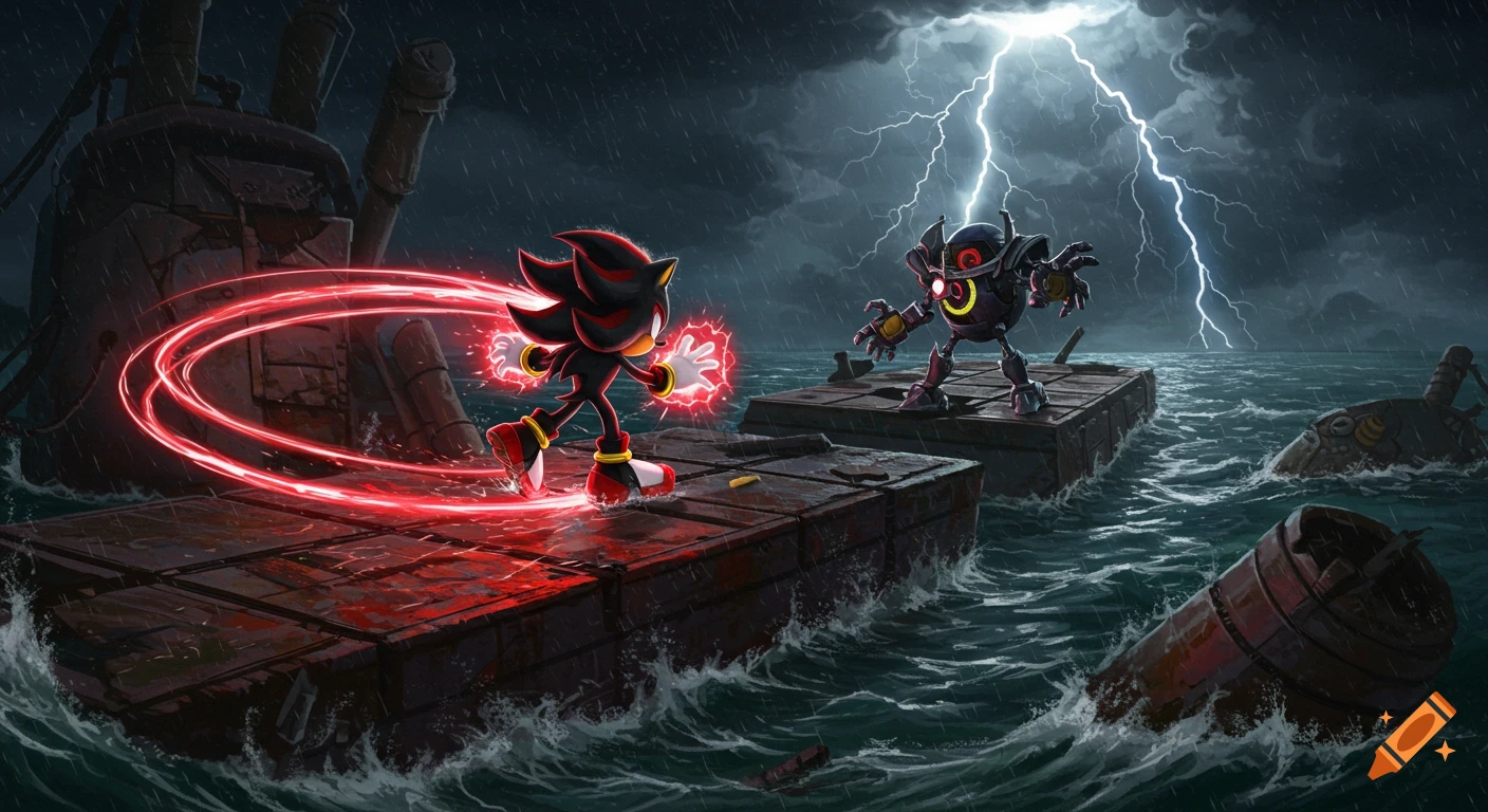 Shadow the Hedgehog fighting Metal Overlord on stormy seas with ...
