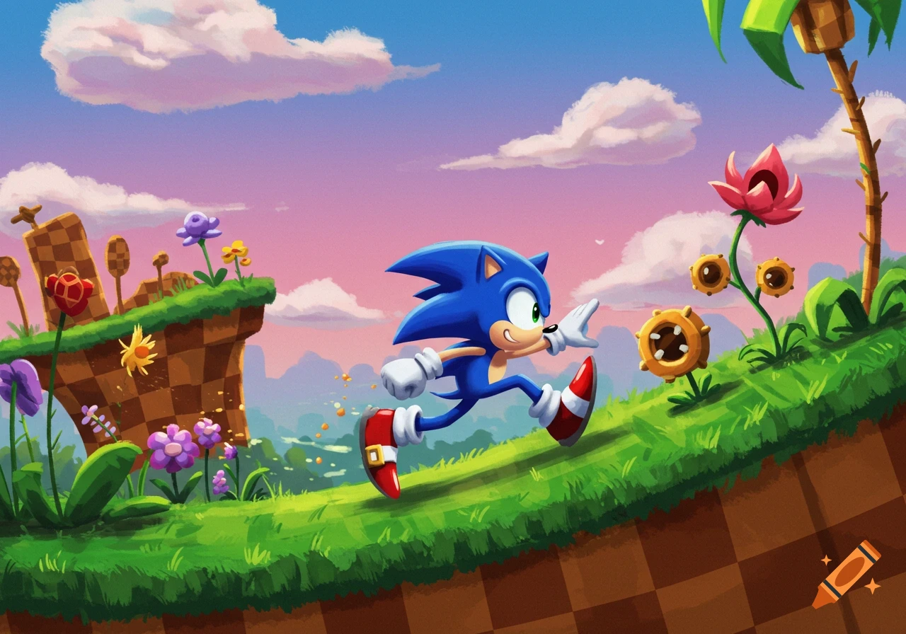 Sonic the Hedgehog runs up a checkered hill in a colorful, cartoon ...