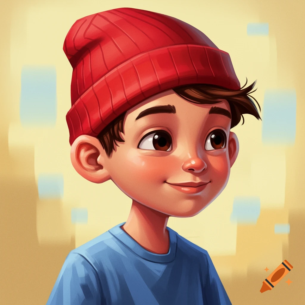 Cartoon illustration of a boy wearing a red beanie and blue shirt ...