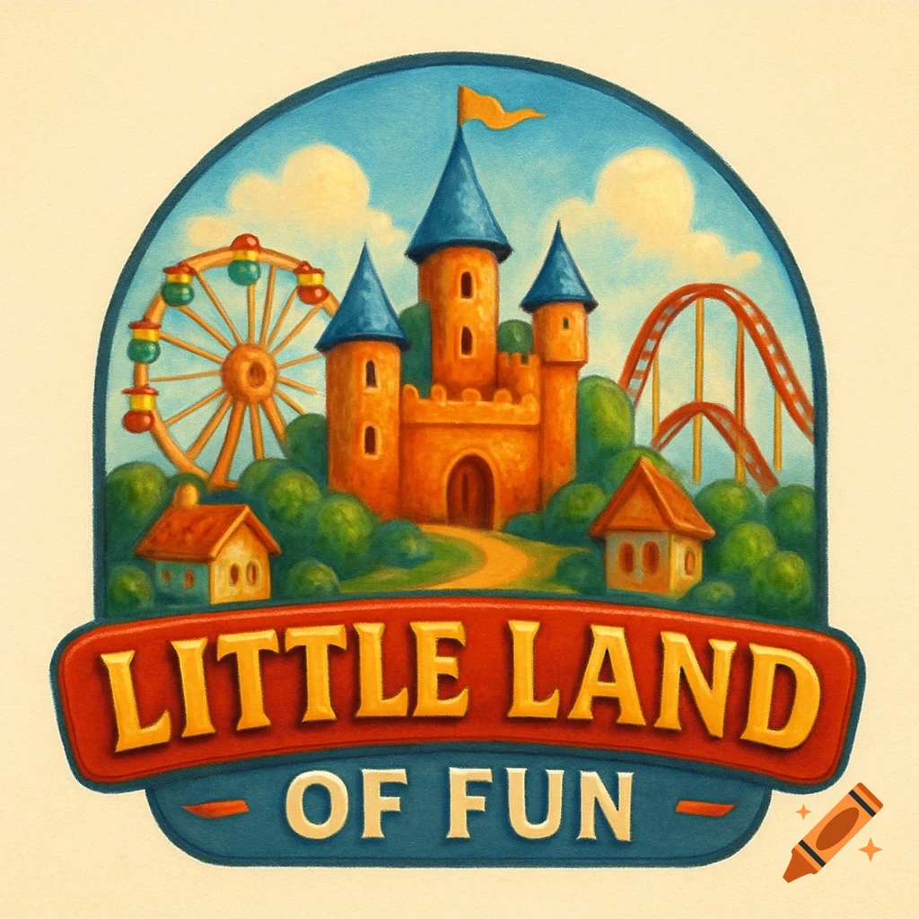 Illustration logo for 'Little Land of Fun' theme park, featuring a castle, ferris wheel, and ...