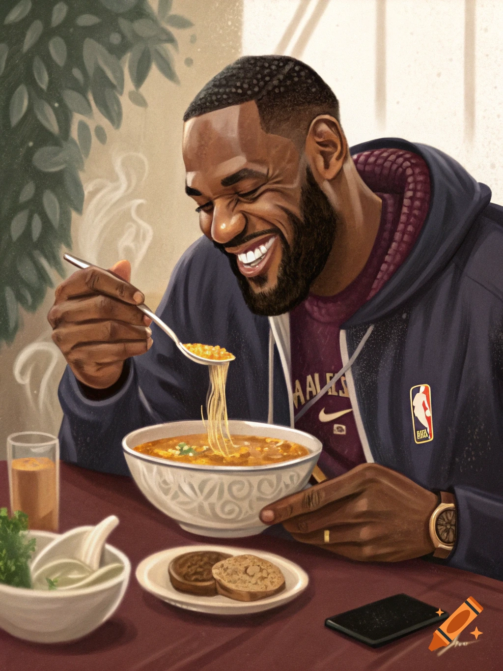 Illustration of LeBron James happily eating soup. on Craiyon
