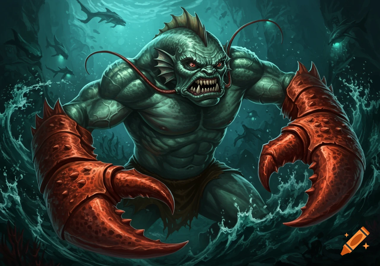 Illustration of an angry, muscular fishman monster with large red ...