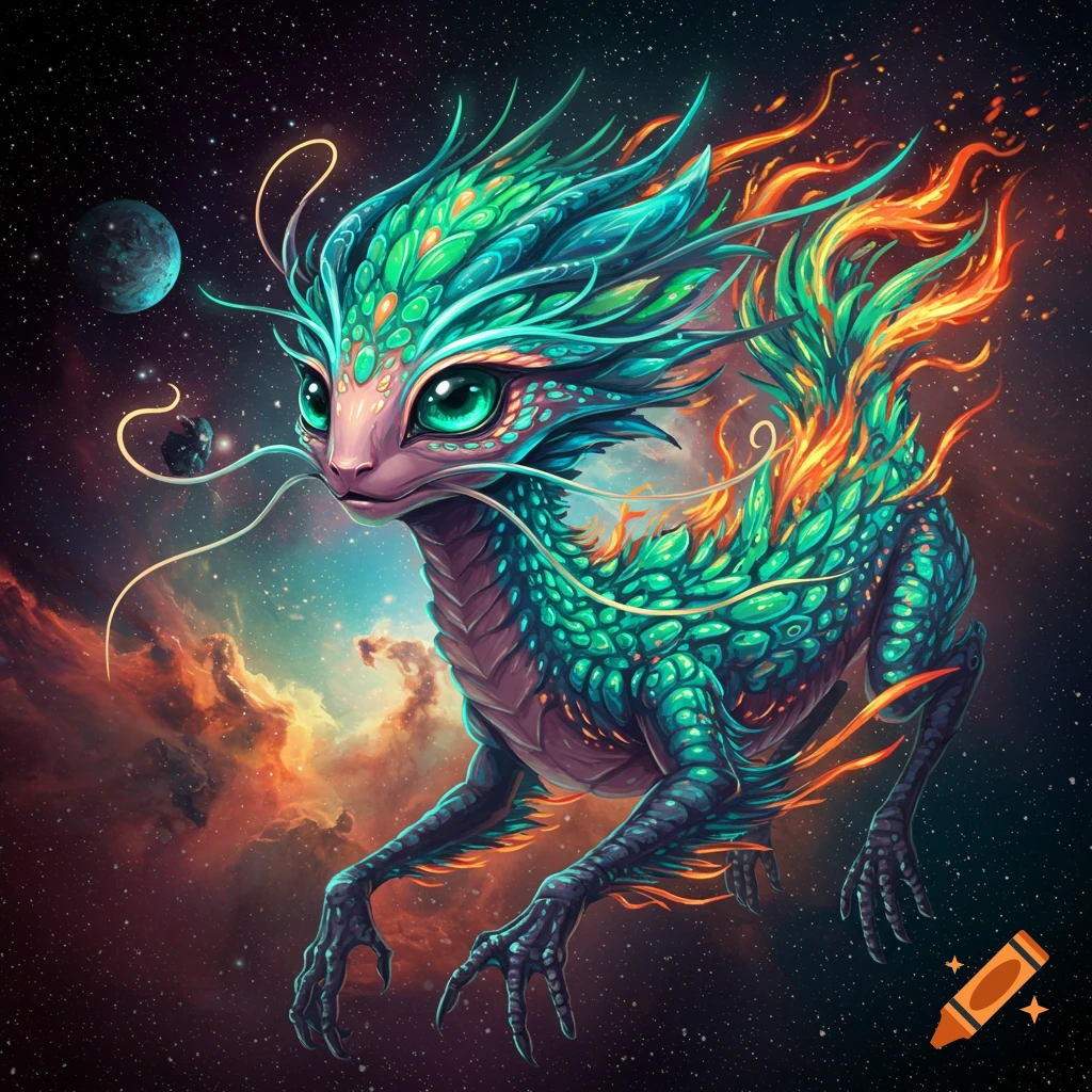A fantasy creature with green scales, fiery wings, and large eyes floats in a vibrant cosmic ...