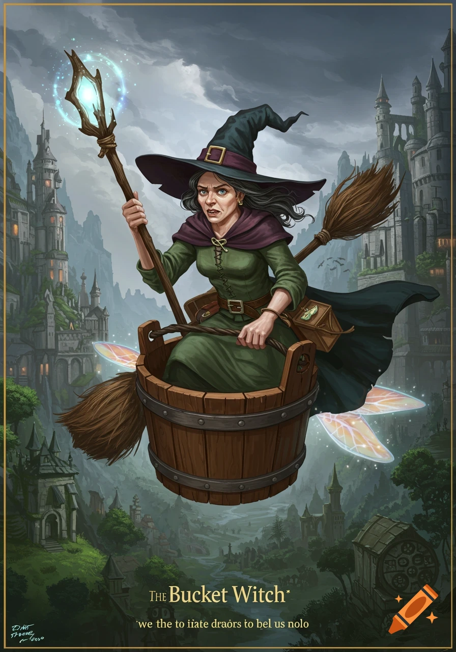 An illustration of a witch flying in a wooden bucket over a valley ...
