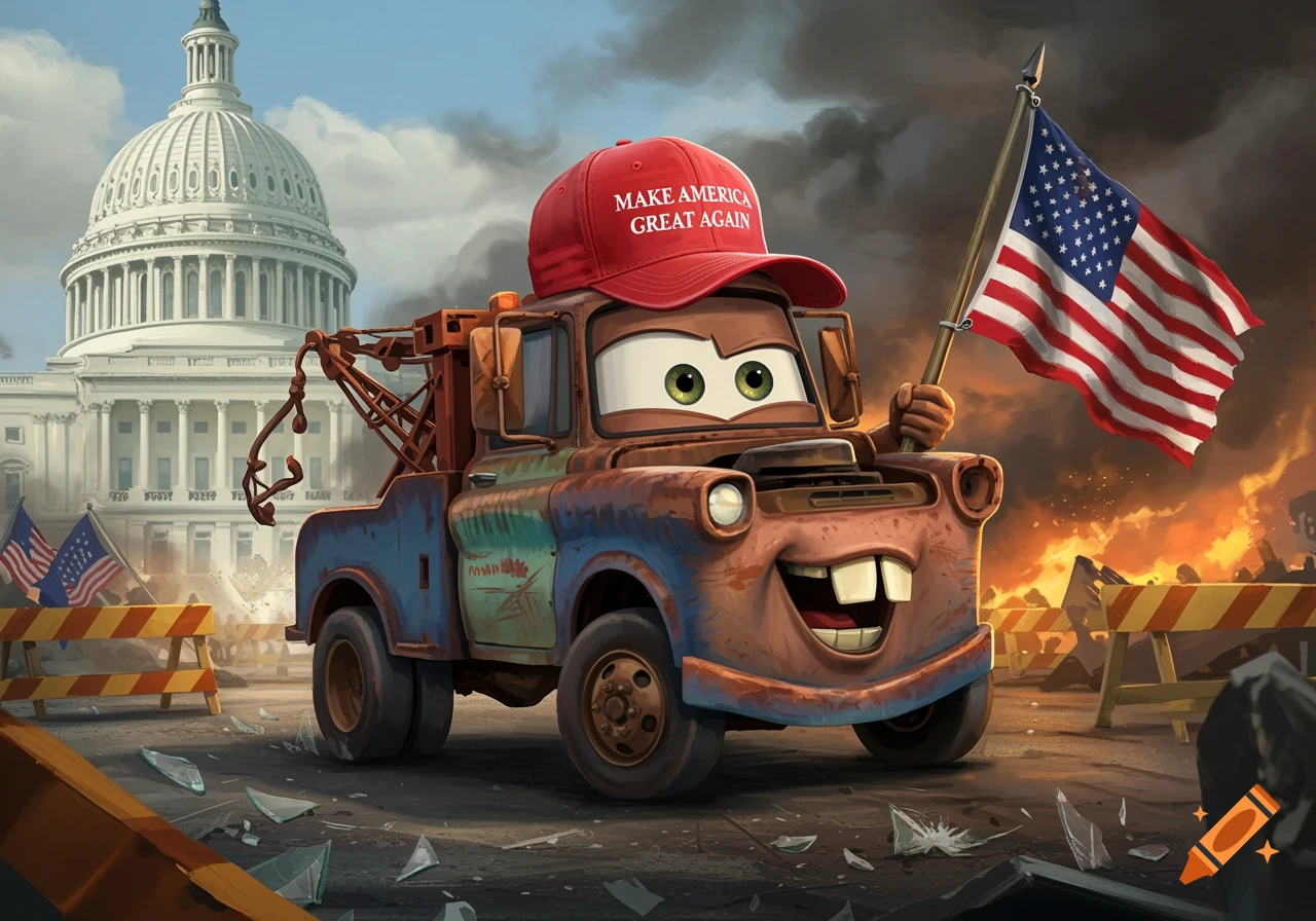 Mater from Disney's Cars in a red cap holds a US flag in front of a ...