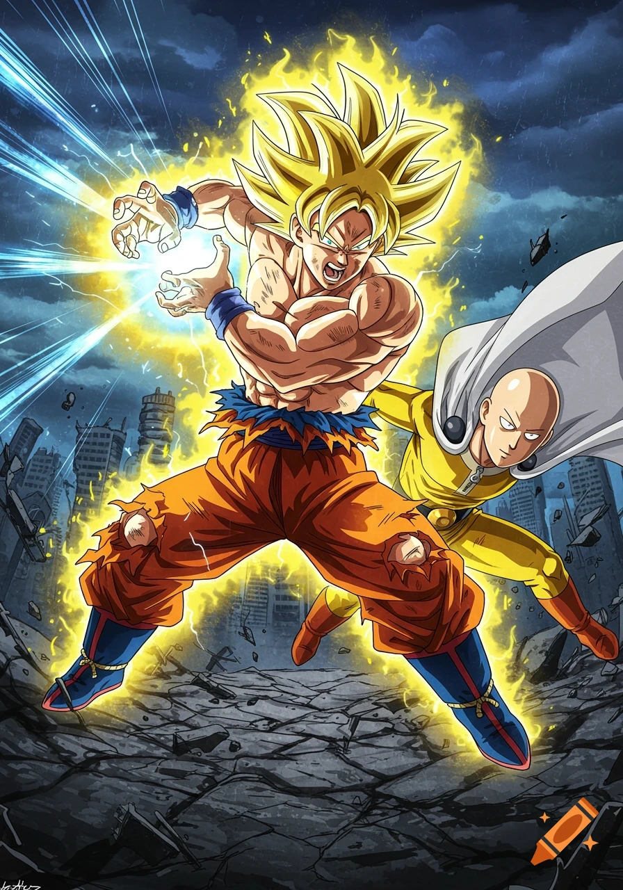 Super Saiyan Goku charging an energy attack while Saitama stands ready ...