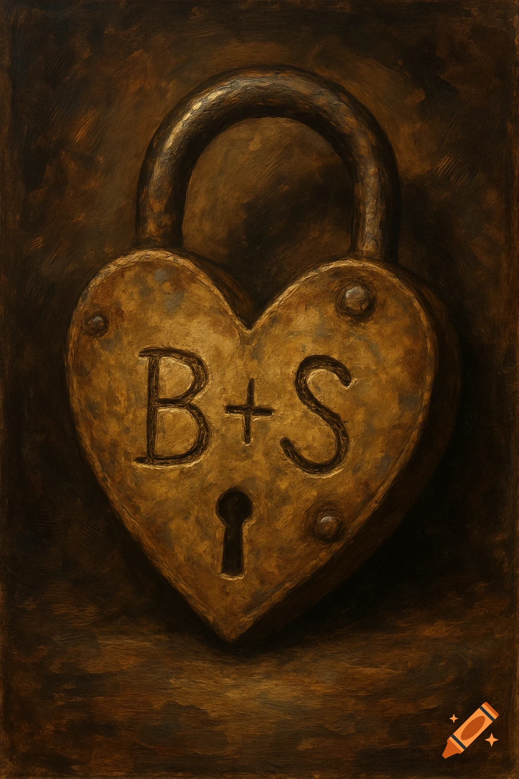 A heart-shaped lock with B + S carved on it, rendered in a textured ...