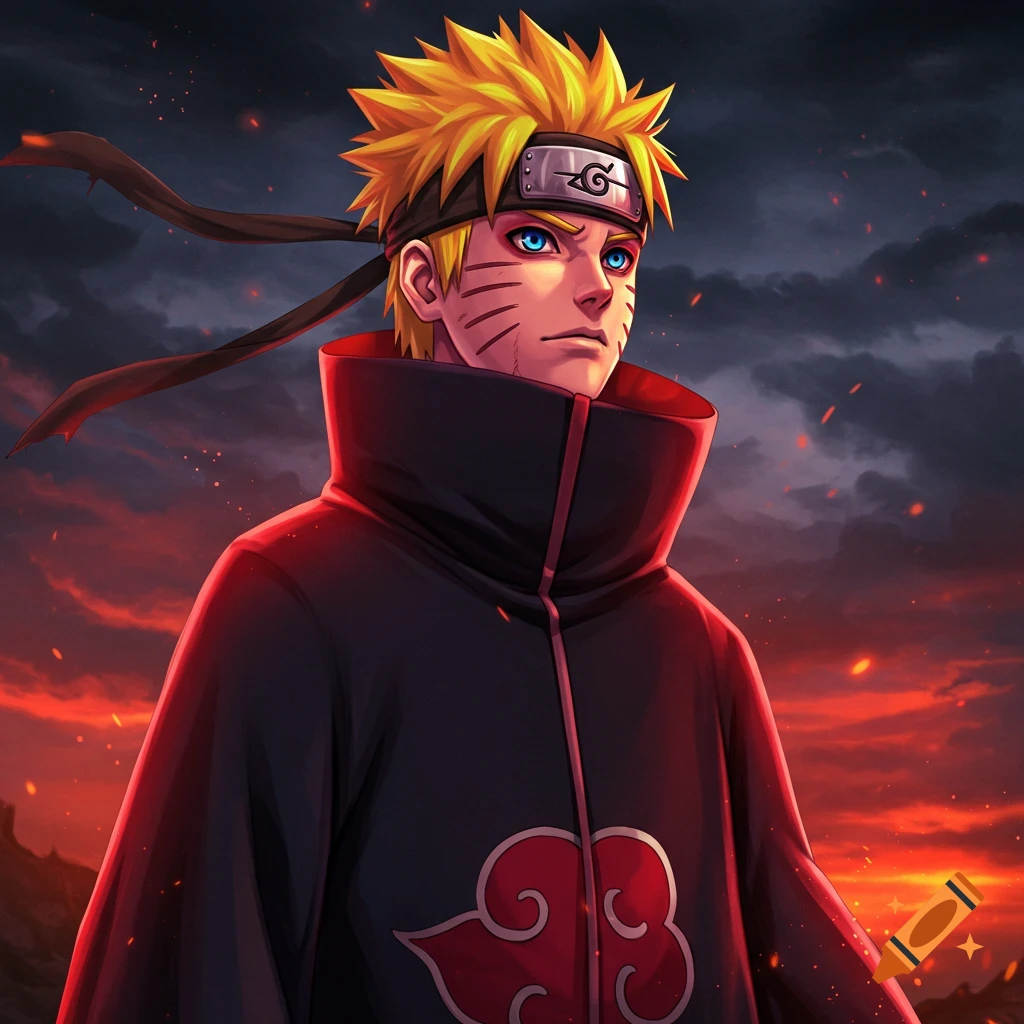 Anime portrait of Naruto wearing an Akatsuki cloak against a fiery sky ...