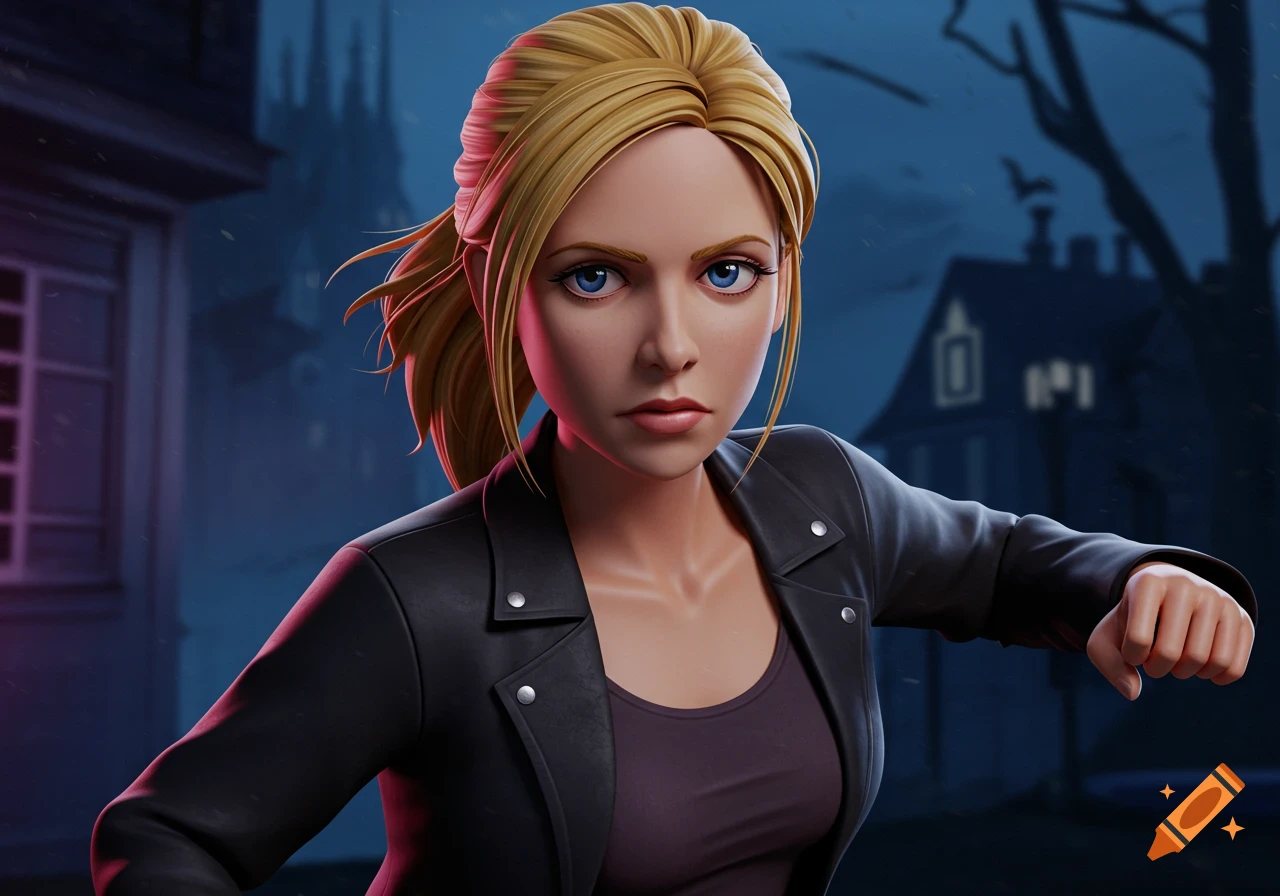 A blonde woman resembling Buffy the Vampire Slayer in a leather jacket ...