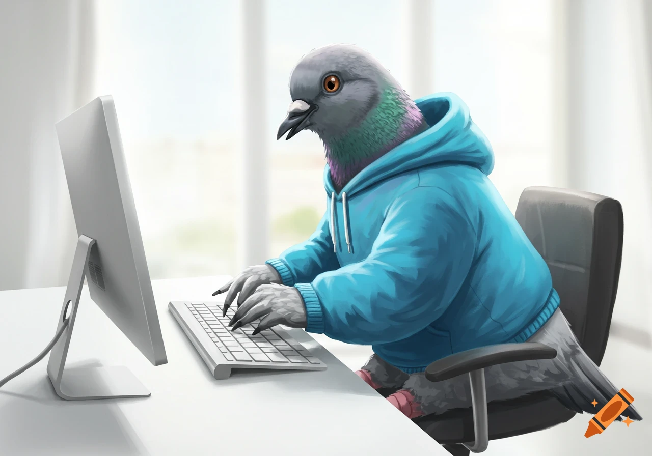 A pigeon in a blue hoodie types on a computer. on Craiyon