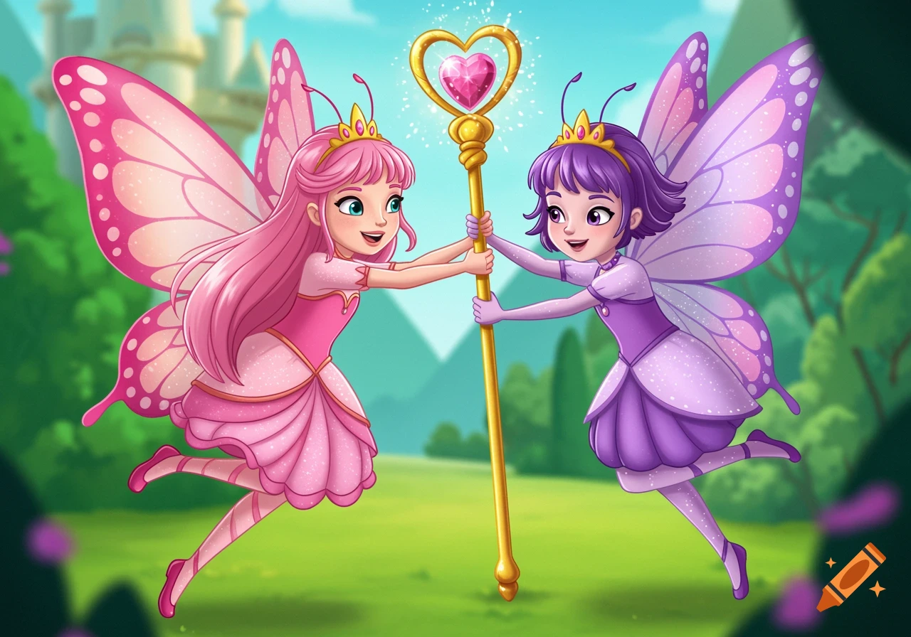 Two cartoon fairy princesses, one pink and one purple, holding a ...