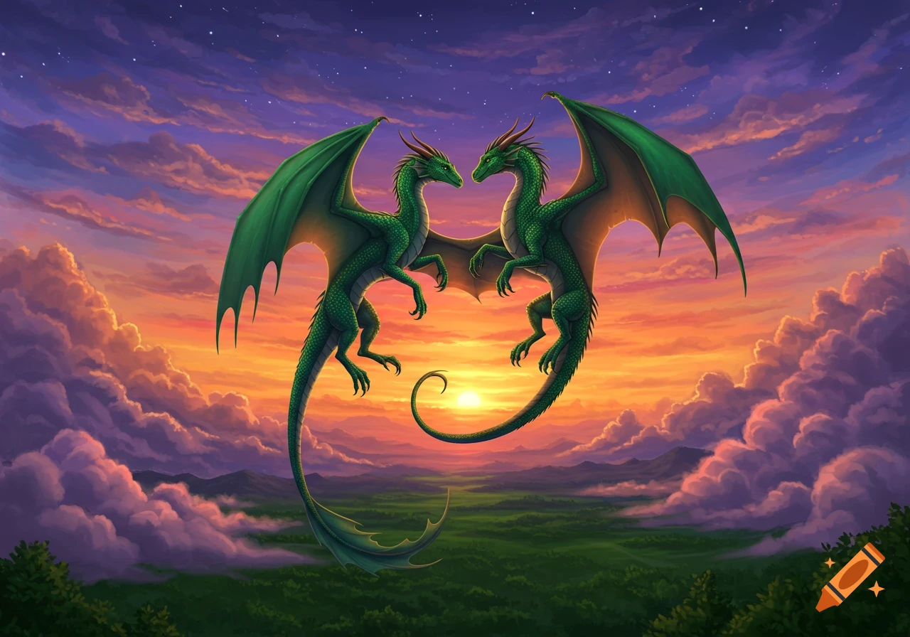 Two green dragons fly in a vibrant sunset sky over a landscape. on Craiyon