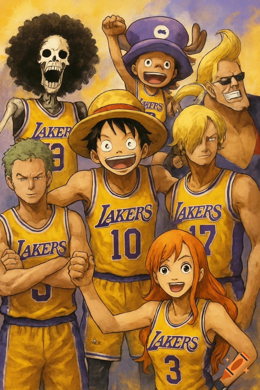 One Piece characters wearing Los Angeles Lakers basketball jerseys. on Craiyon