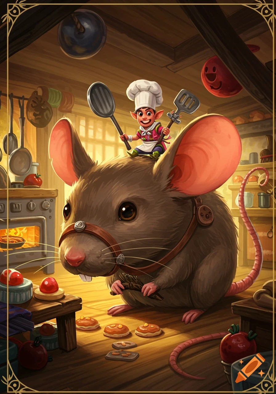 A small chef elf rides a large mouse in a kitchen, cooking. on Craiyon