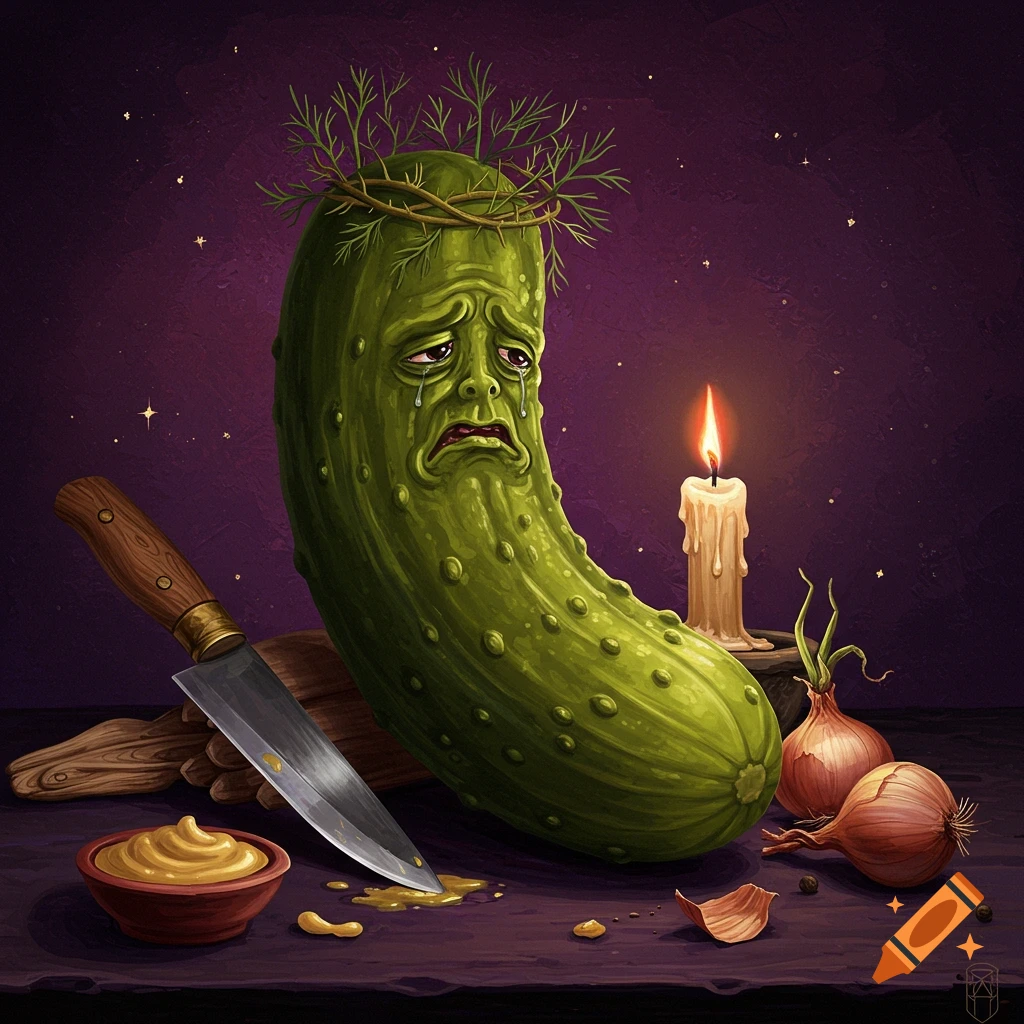 An illustration of a crying pickle wearing a dill crown, next to a ...