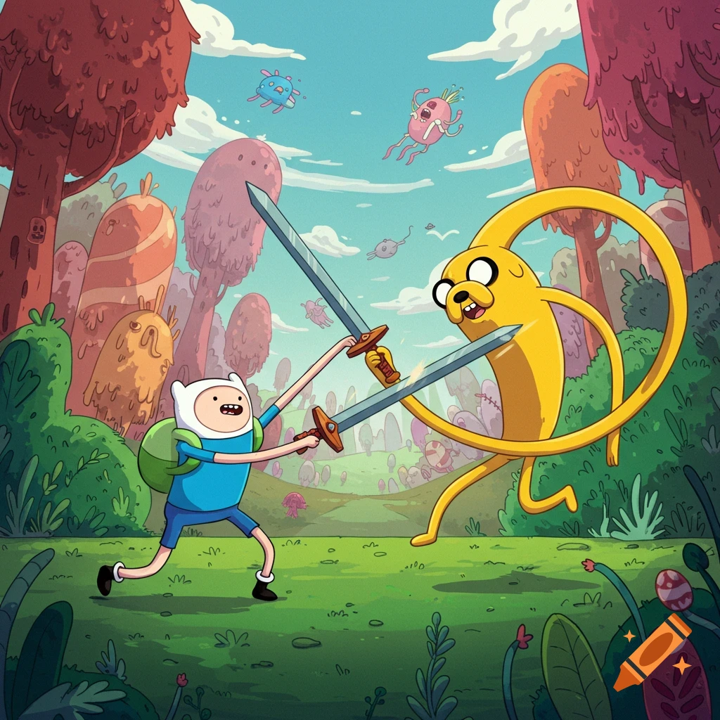 Finn and Jake fencing with swords in a colorful fantasy landscape ...