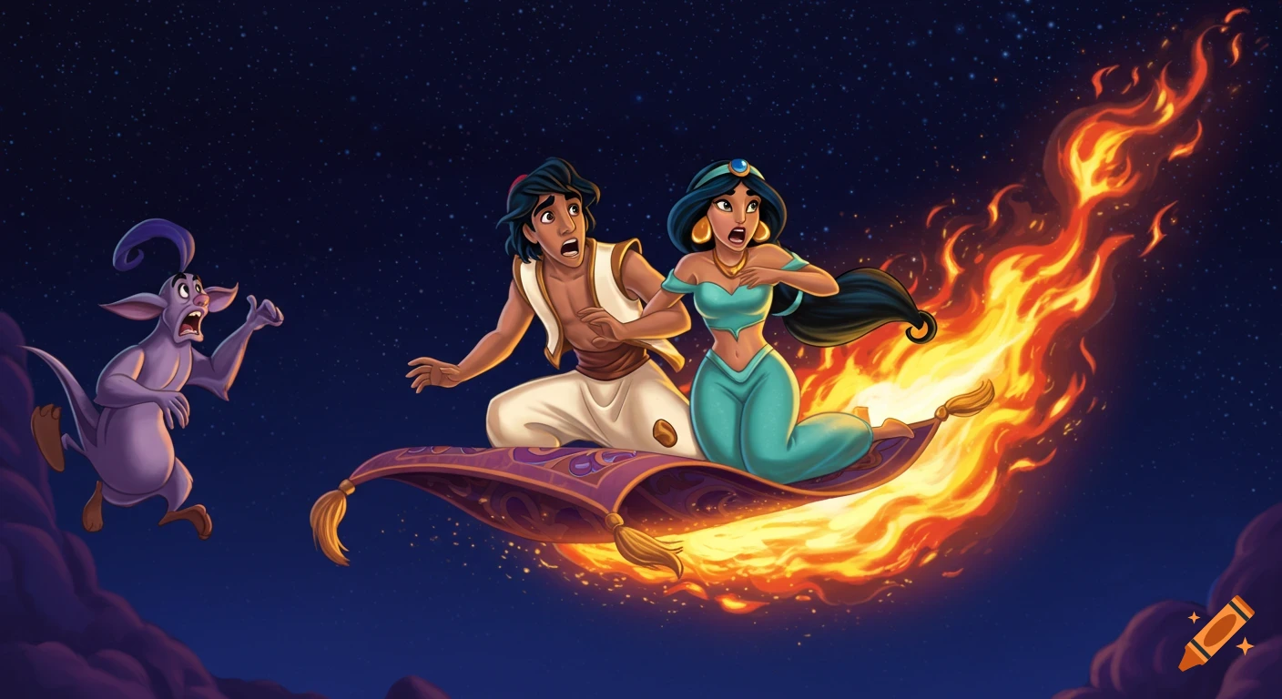 Aladdin, Jasmine, and Abu on a burning magic carpet flying through the ...