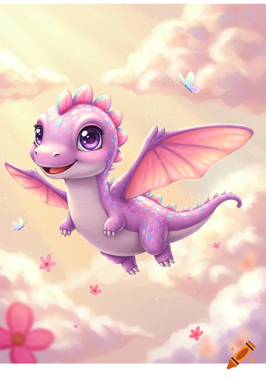 Cute pink dragon flying in a pastel sky with clouds, butterflies, and ...