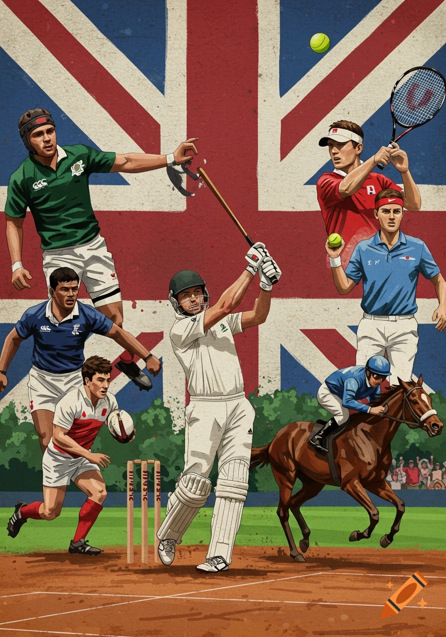 Stylized illustration of UK sports athletes playing rugby, cricket ...