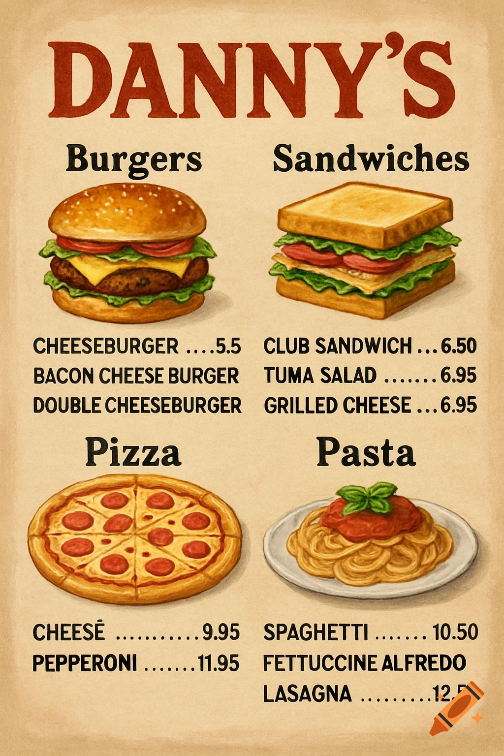 Illustrated menu for Danny's restaurant showing burgers, sandwiches ...