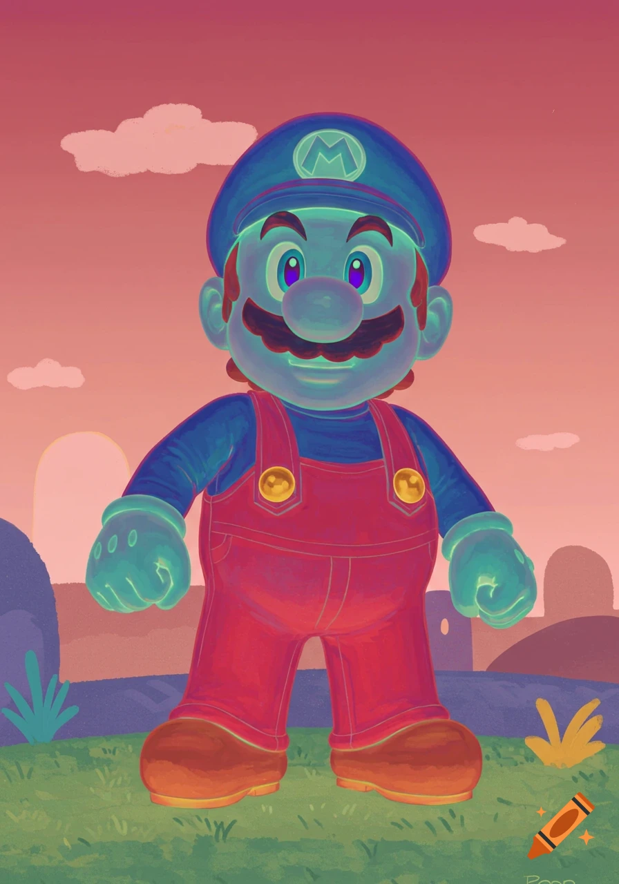 Illustration of Super Mario in inverted colors standing in a landscape ...