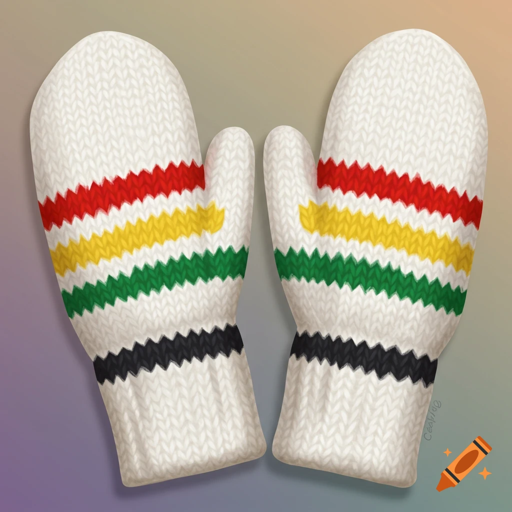 White mittens with red, yellow, green, and black stripes. on Craiyon