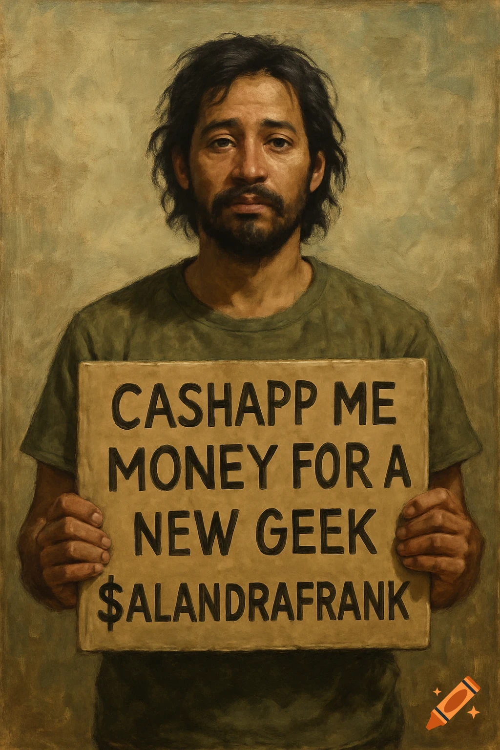 Painting of a man holding a sign with text about CashApp. on Craiyon