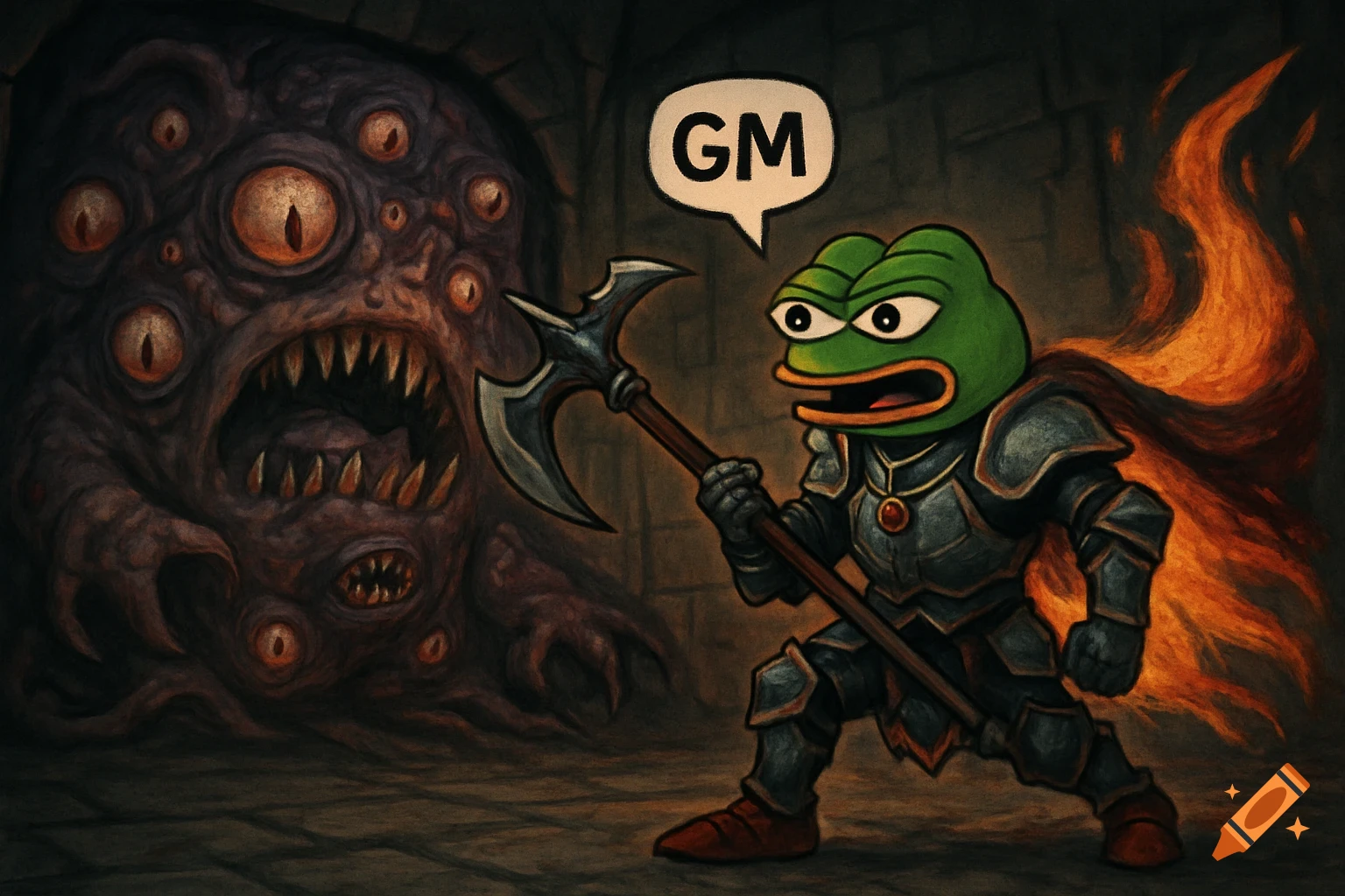 Cartoon frog character Pepe in armor fights a multi-eyed monster ...