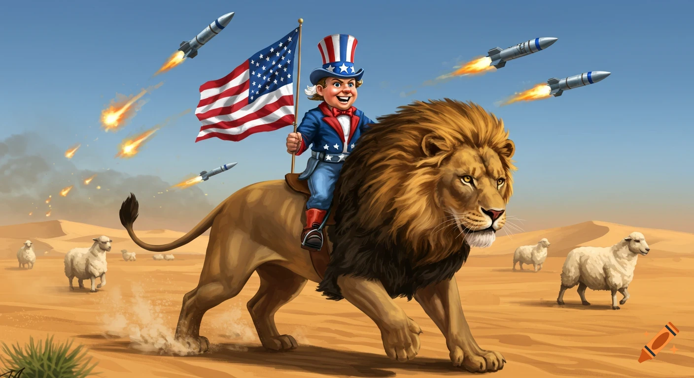 Cartoon illustration of Uncle Sam riding a lion through a desert with ...