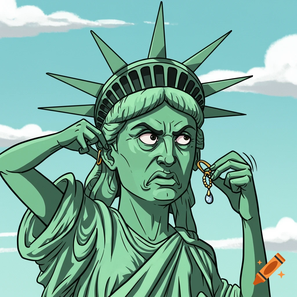 Cartoon of the Statue of Liberty taking off her earrings with a frustrated face. on Craiyon