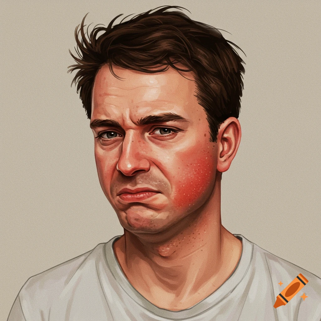 An illustration of a man with a swollen face from a bee sting, showing ...