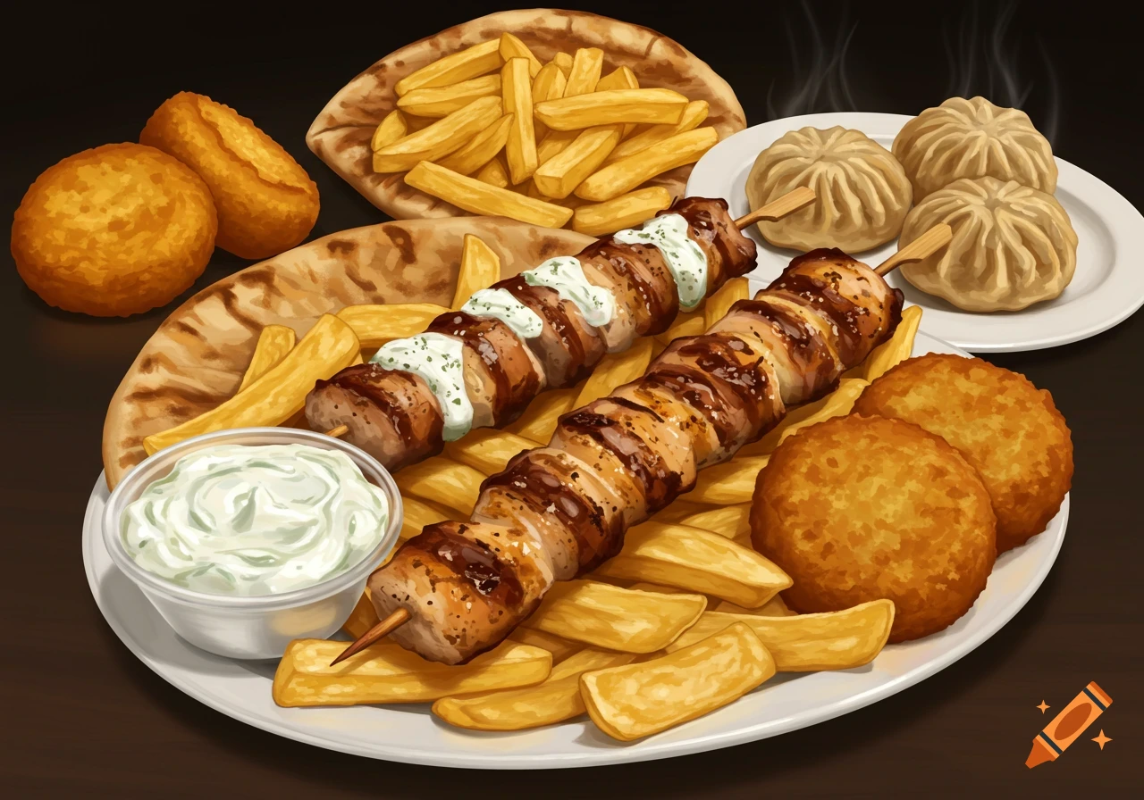 A plate of grilled meat skewers, french fries, dim sum, potato cakes ...
