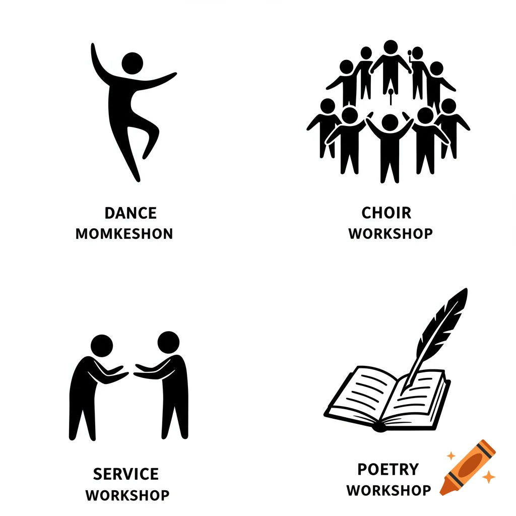 Four monochrome icons representing dance, choir, service, and poetry ...