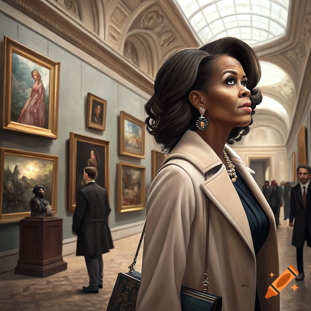 Michelle Obama in a museum looking at paintings, wearing a coat and jewelry. on Craiyon