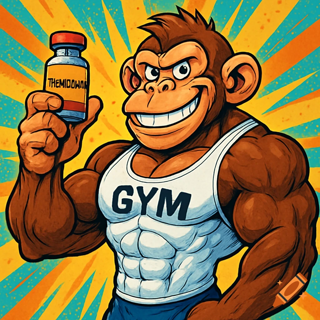 Cartoon muscular monkey wearing gym tank top and holding a bottle with ...