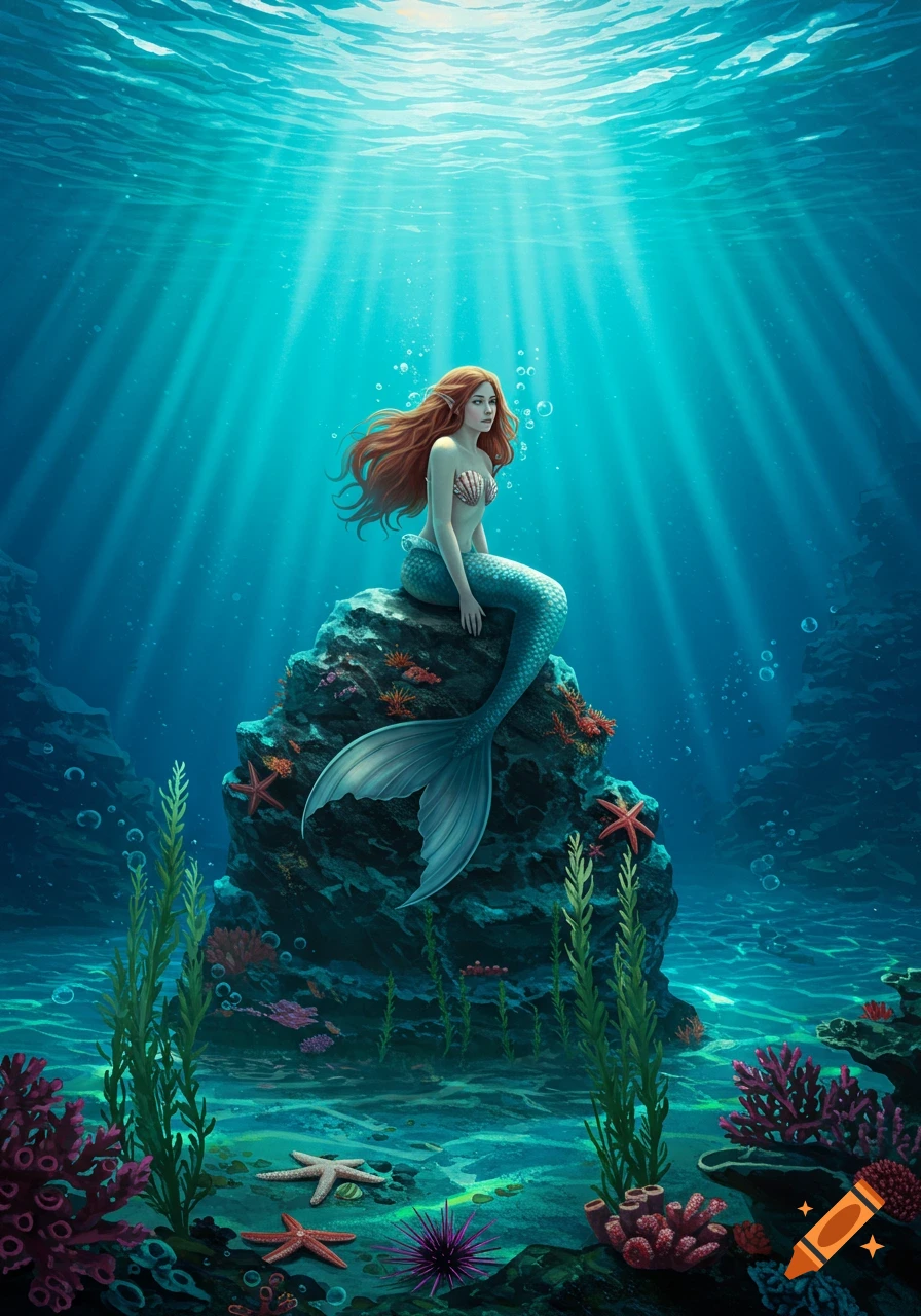 A red-haired mermaid sits on a rock underwater as sunbeams shine down ...