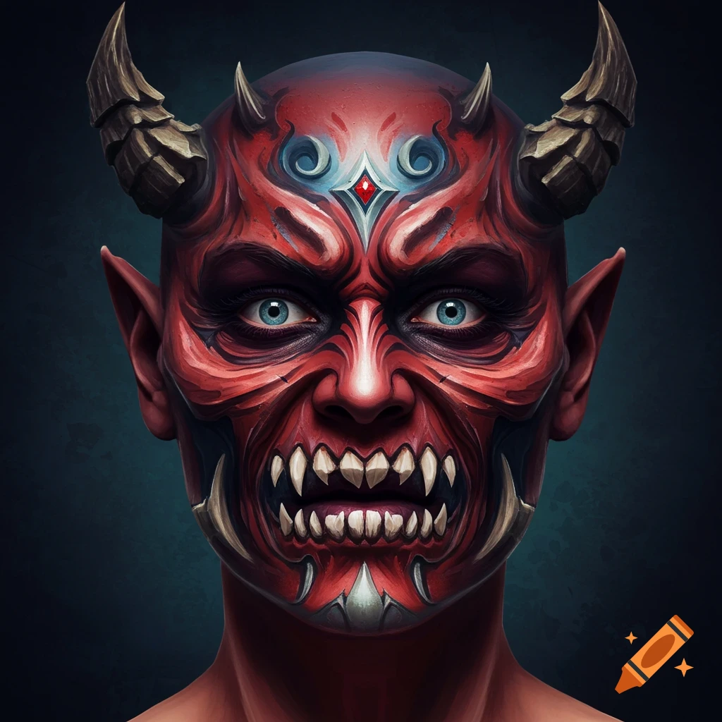 Close-up portrait of a person with red and black demon face paint ...