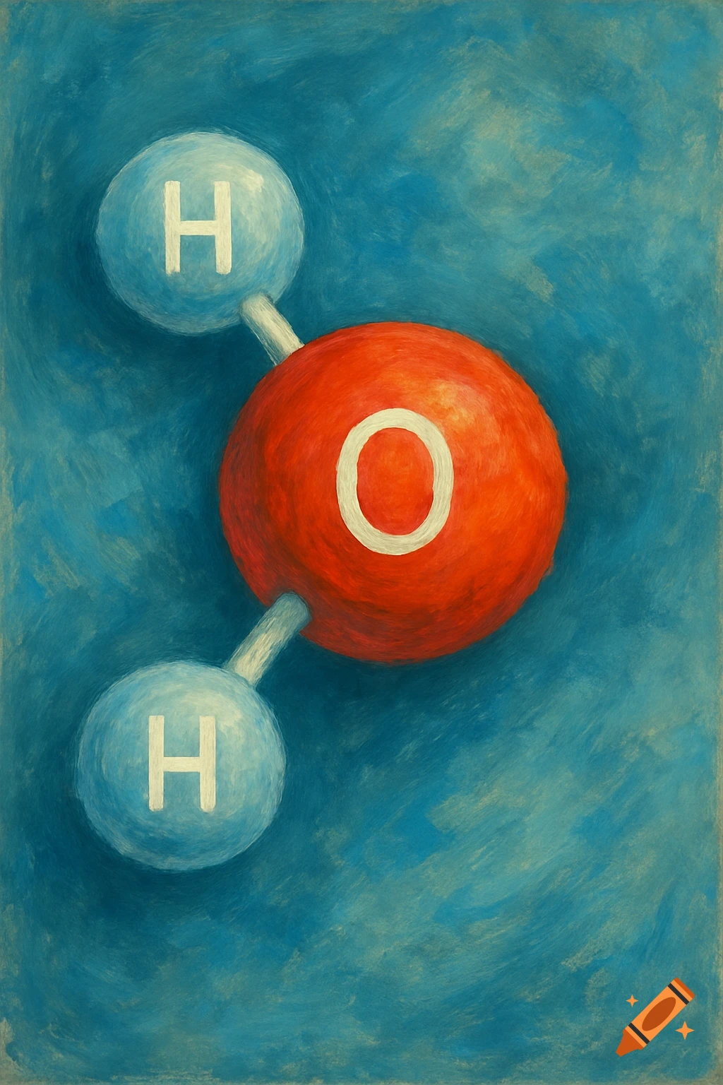 A painted diagram of a water molecule (H2O) with spheres labeled H and ...