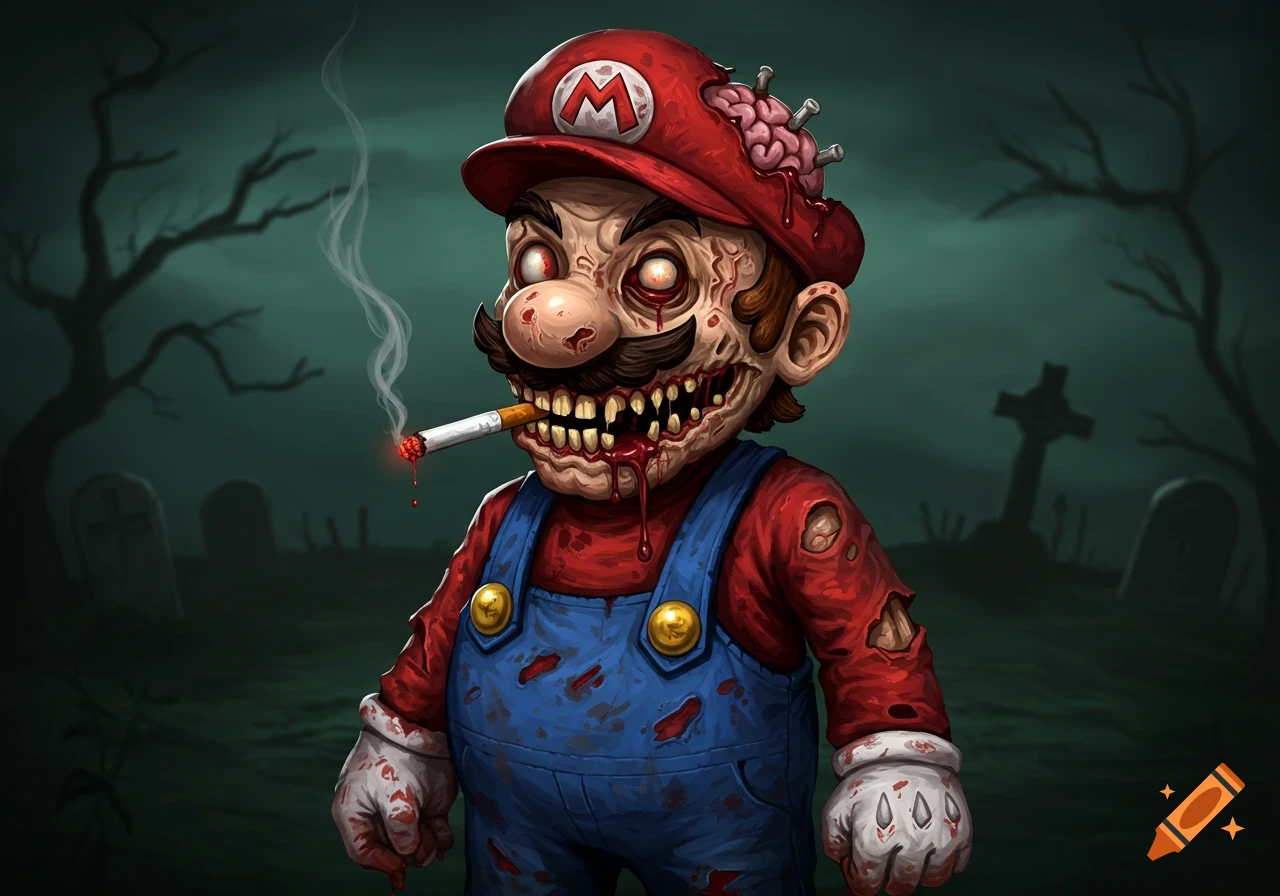 Zombie Mario smoking a cigarette in a graveyard on Craiyon
