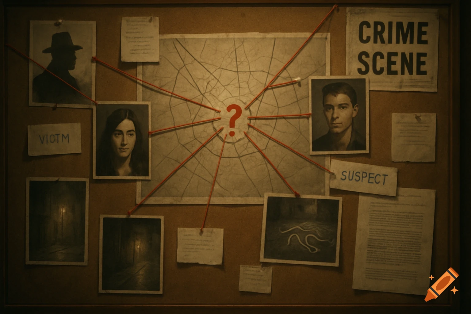 A detective's crime board with photos, map, notes, and red strings. on ...