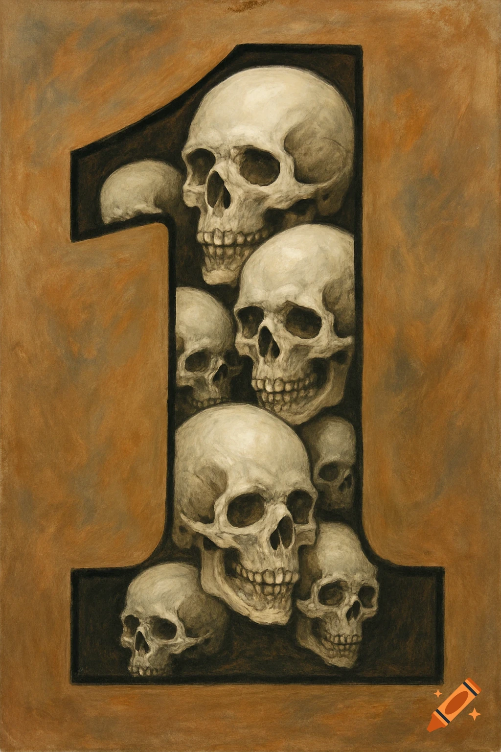 The number one shape filled with multiple skulls in a dark, painterly ...