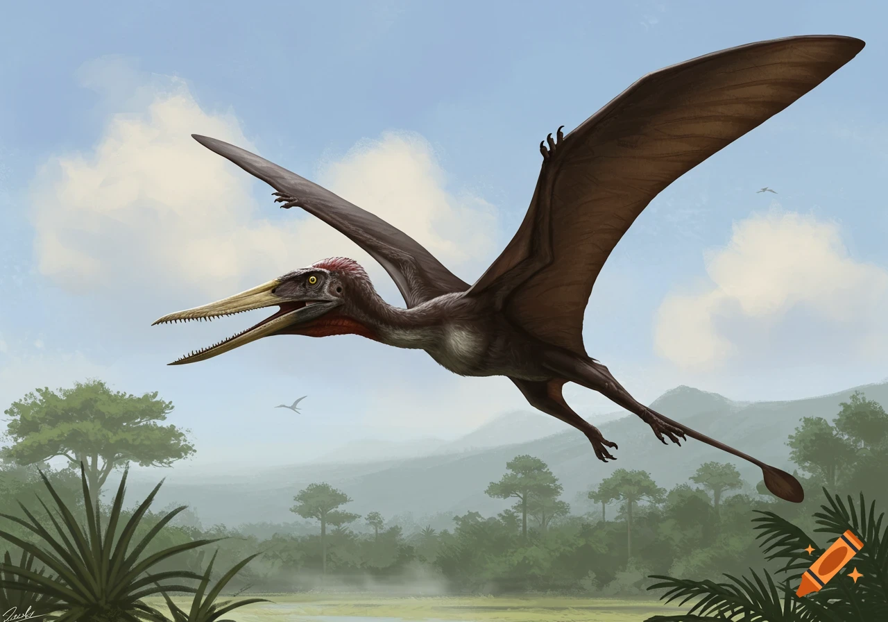 An illustration of a Tropeognathus pterosaur flying over a prehistoric ...