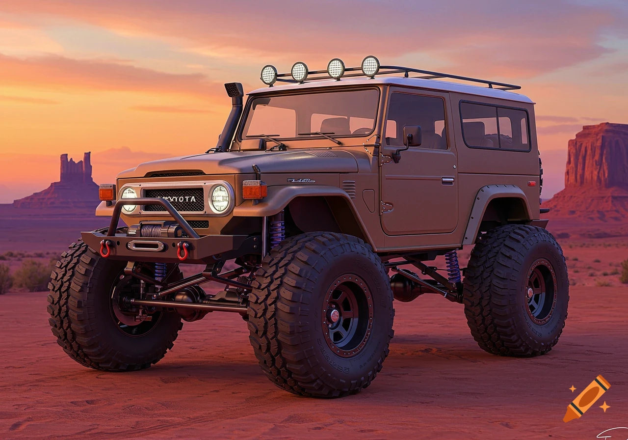 Lifted Toyota FJ40 off-road vehicle in a desert landscape at sunset on ...