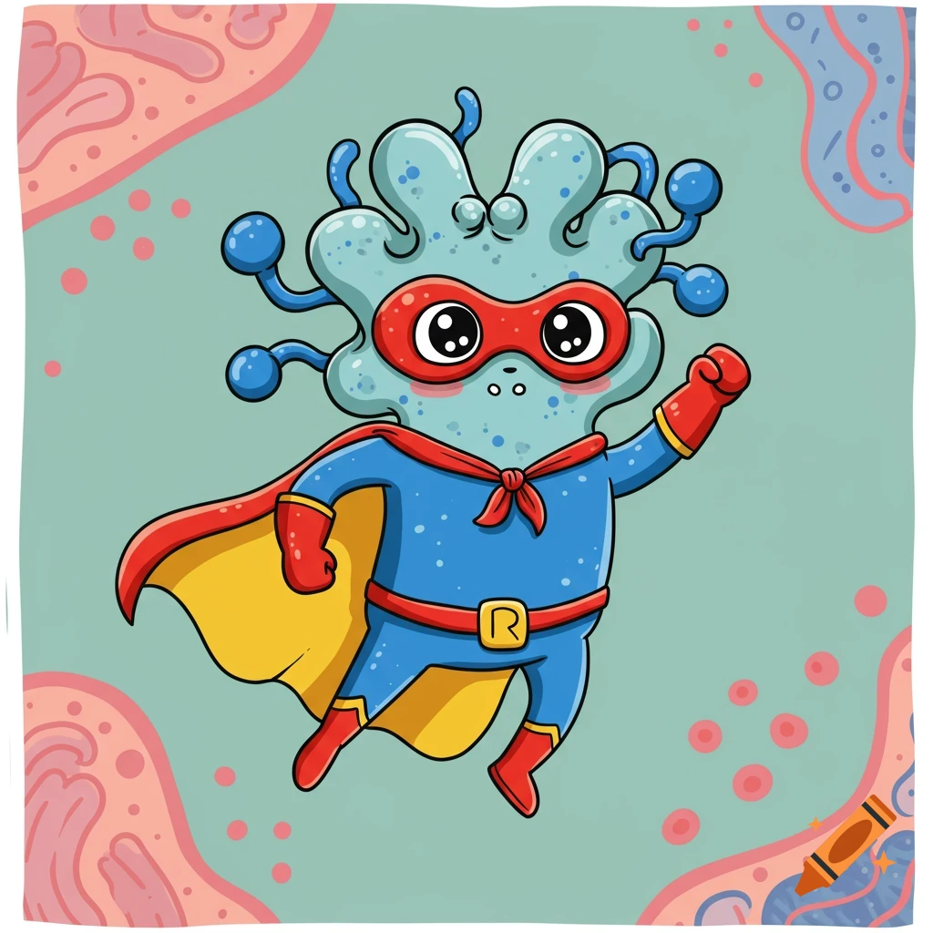 Cartoon blue microbe in a superhero costume with a yellow cape flying ...