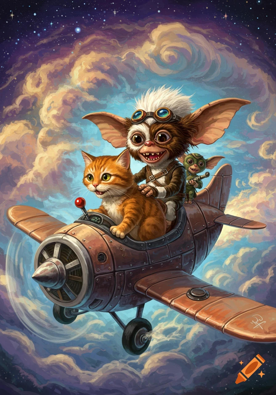 Illustration of an orange cat and two gremlins flying an old airplane ...