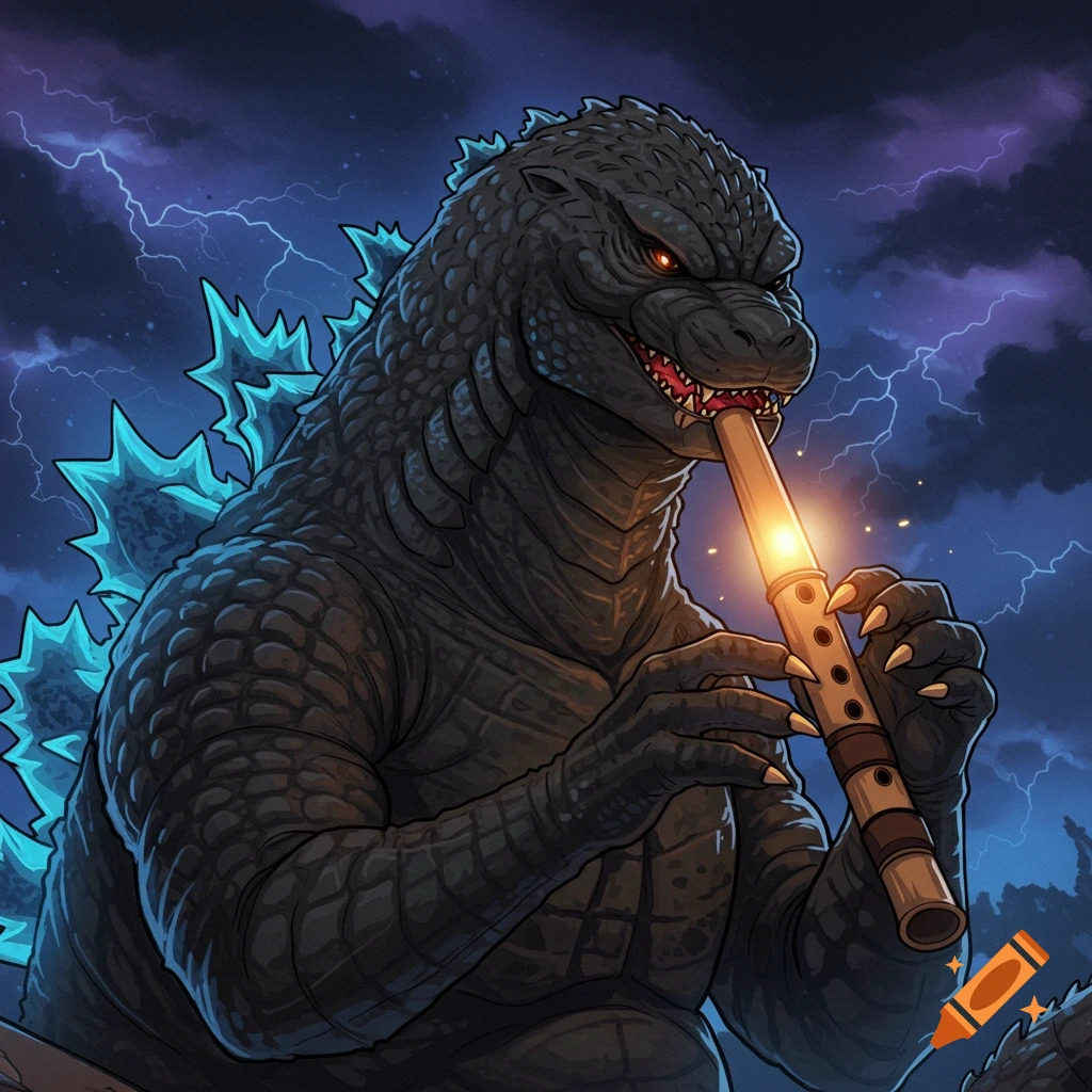 Illustration of Godzilla playing a flute under a stormy sky with ...