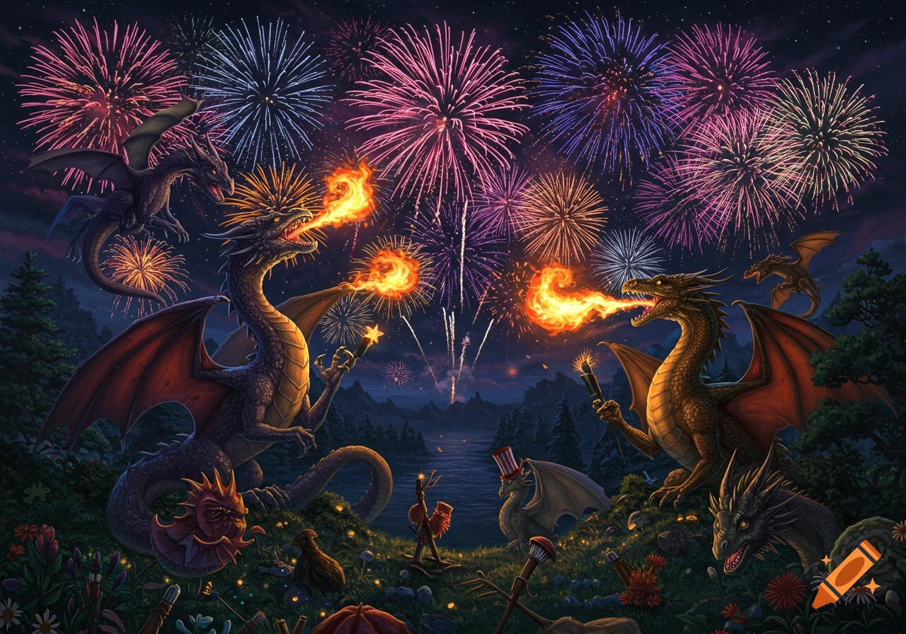 Fantasy illustration of dragons breathing fire and setting off ...