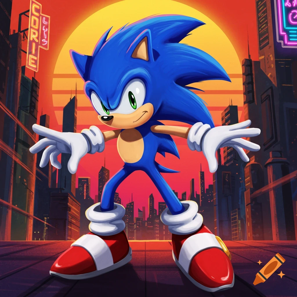 Sonic the Hedgehog stands in a futuristic city at sunset. on Craiyon